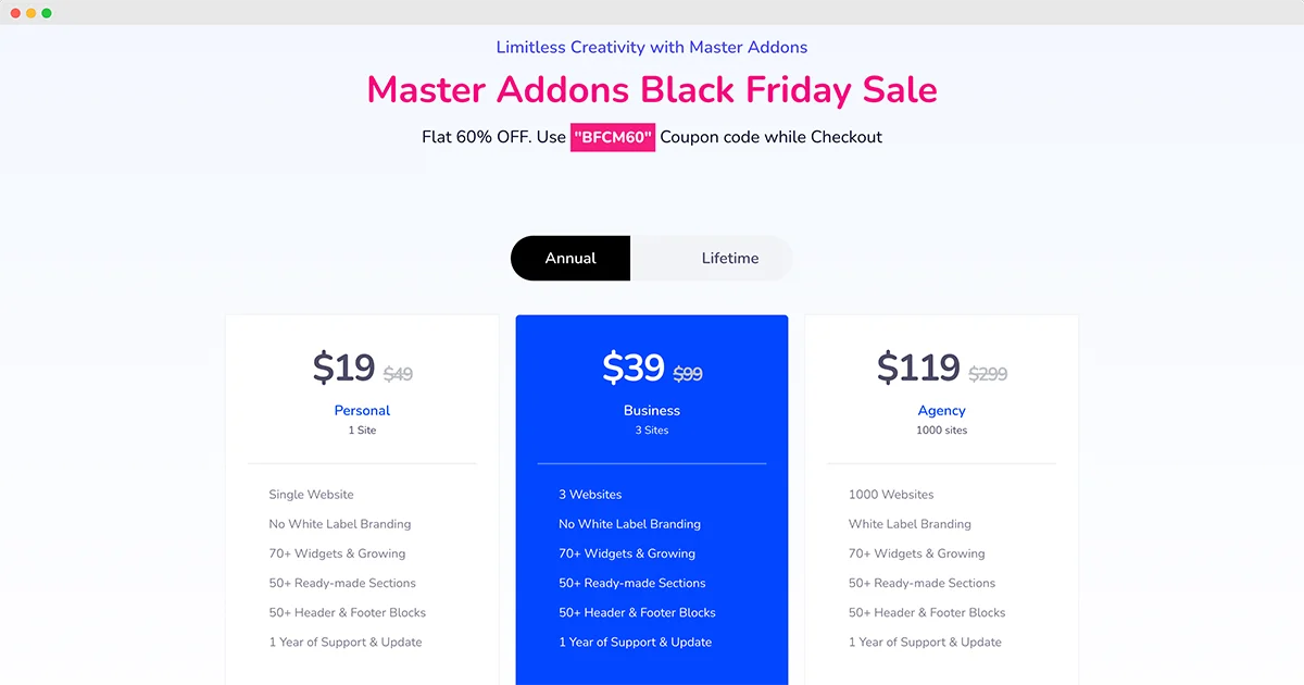 Master Addons For Elementor Plugin Pricing